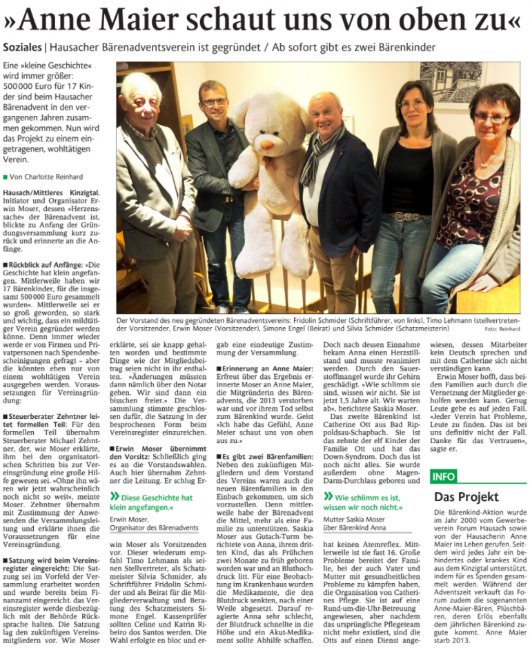 Anne Maier schaut uns von oben zu – Hausacher Bärenadvent e.V.